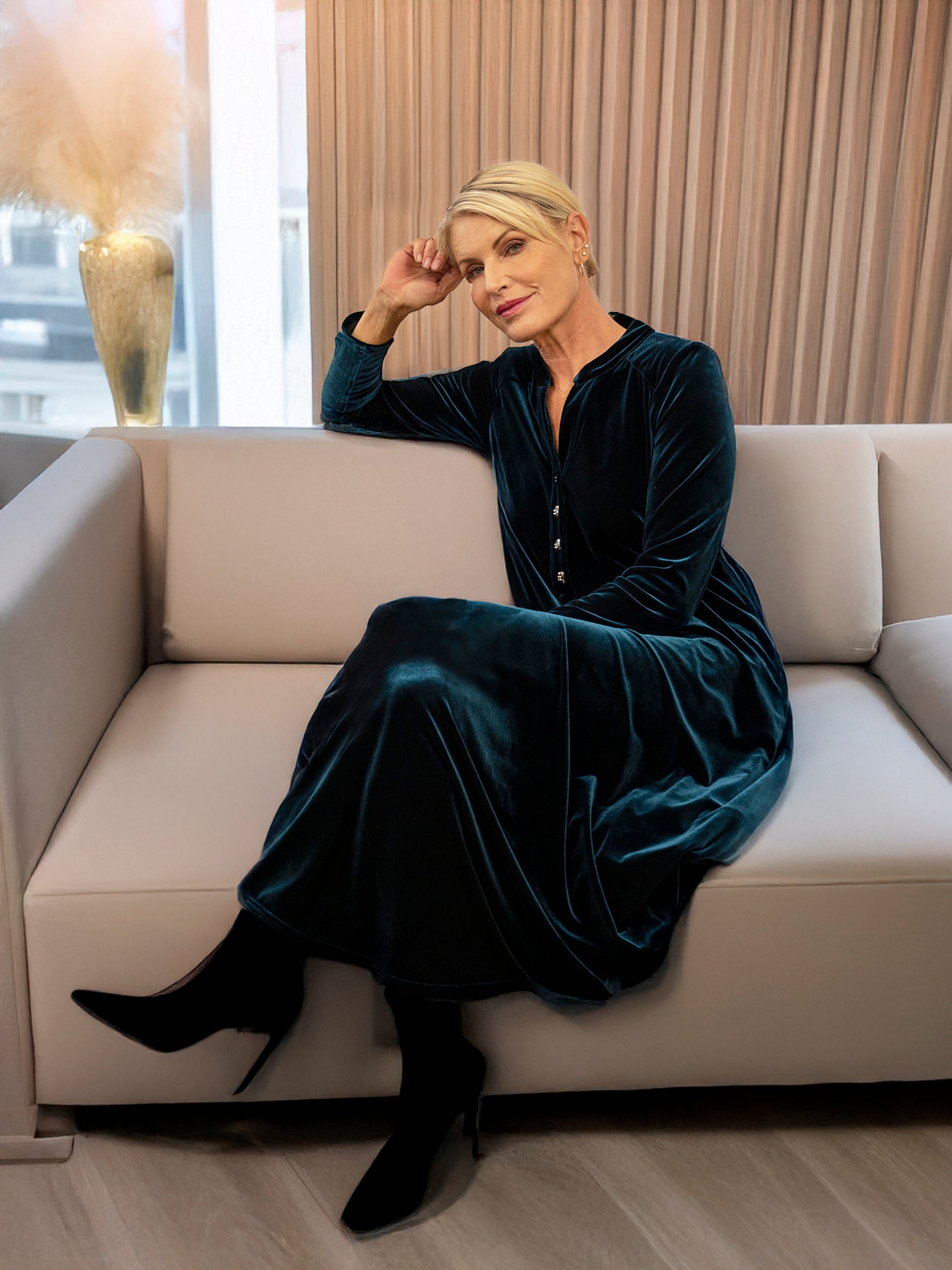 Teal Stretch Velvet Drape Dress With Button Placket | Chesca Direct