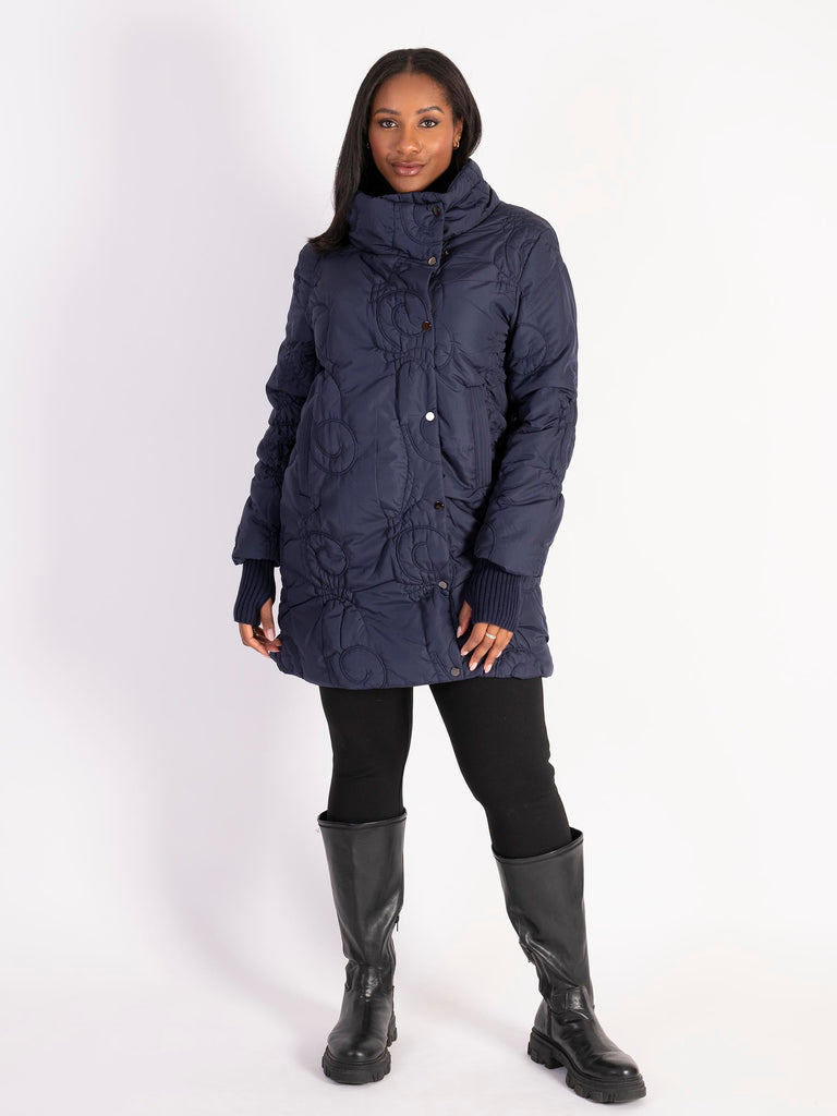 Navy Swirl Embroidery Quilted Coat with Knitted Collar | Chesca Direct