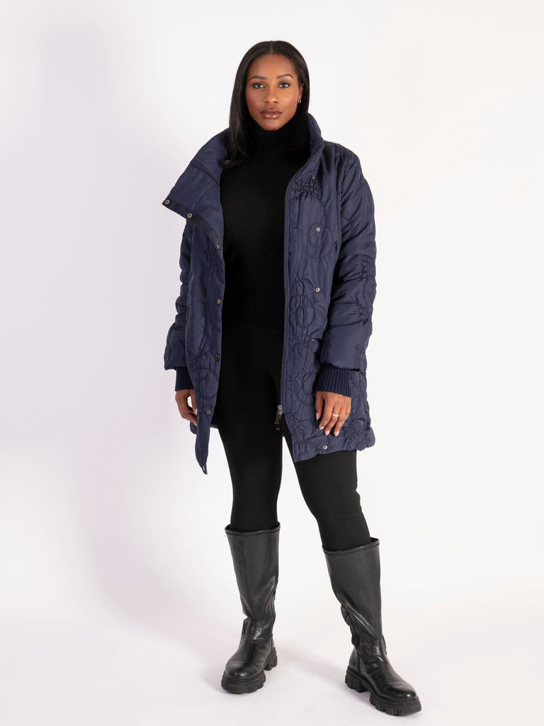 Navy Swirl Embroidery Quilted Coat with Knitted Collar | Chesca Direct