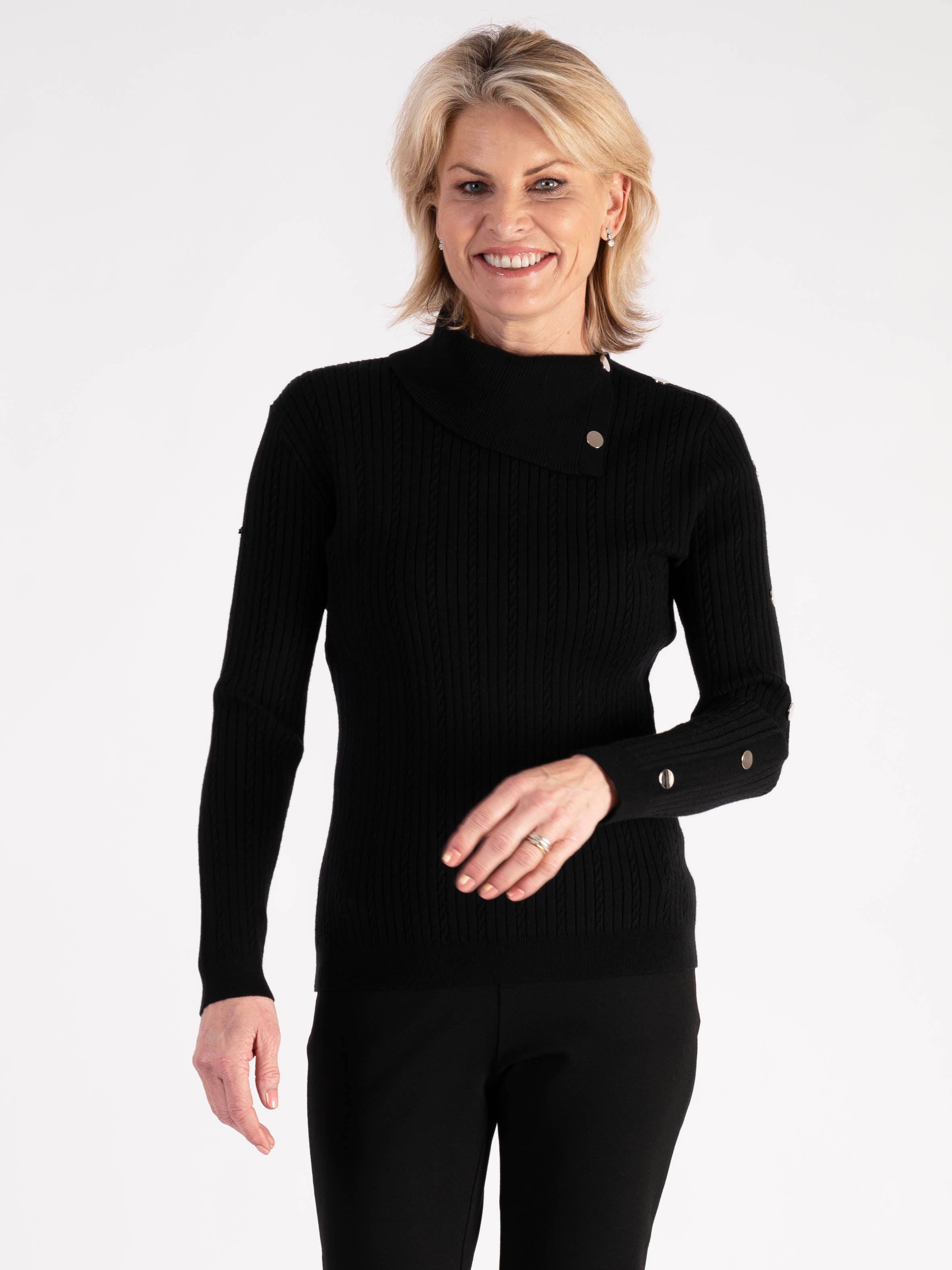Black Roll Neck Jumper With Button Detail | Chesca Direct