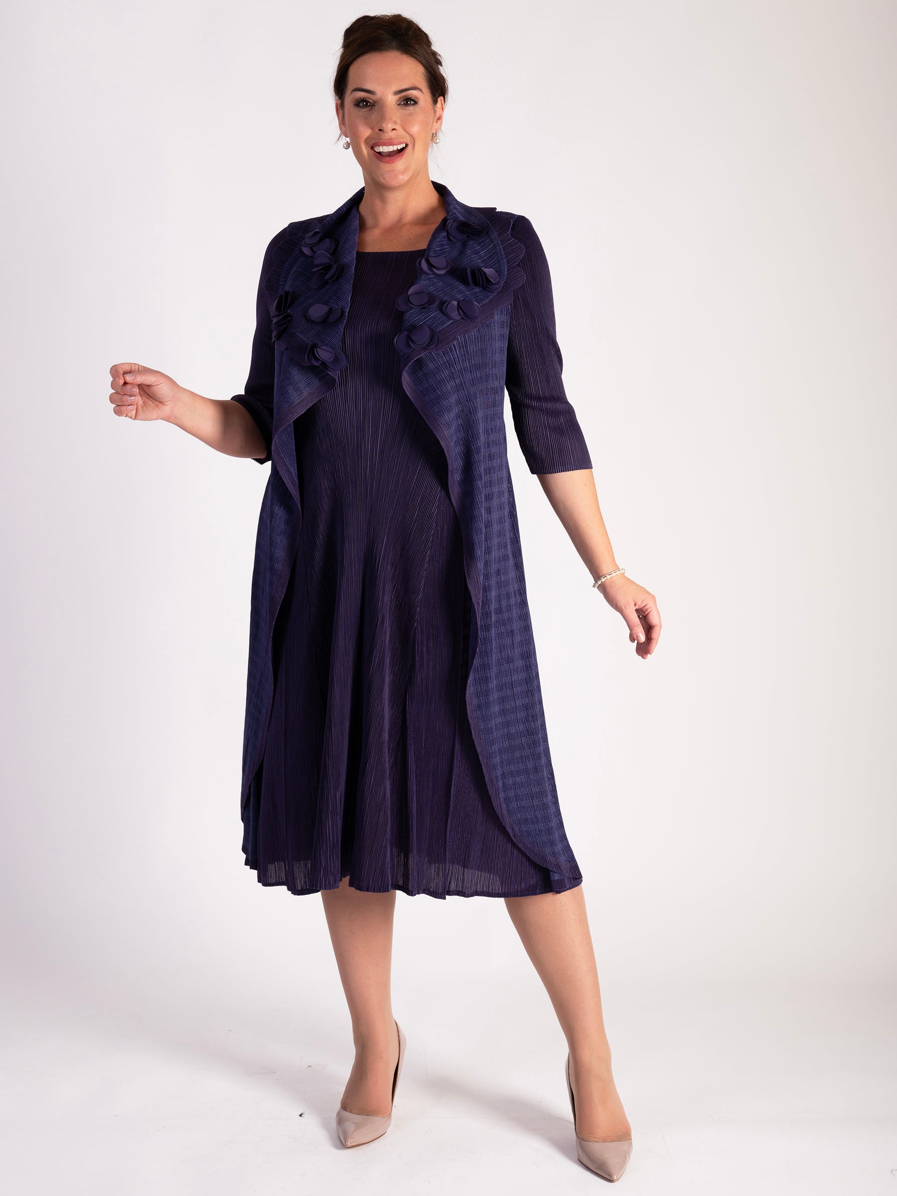 Radiant Grape: Pleated Dress with Floral Accents | Chesca Direct