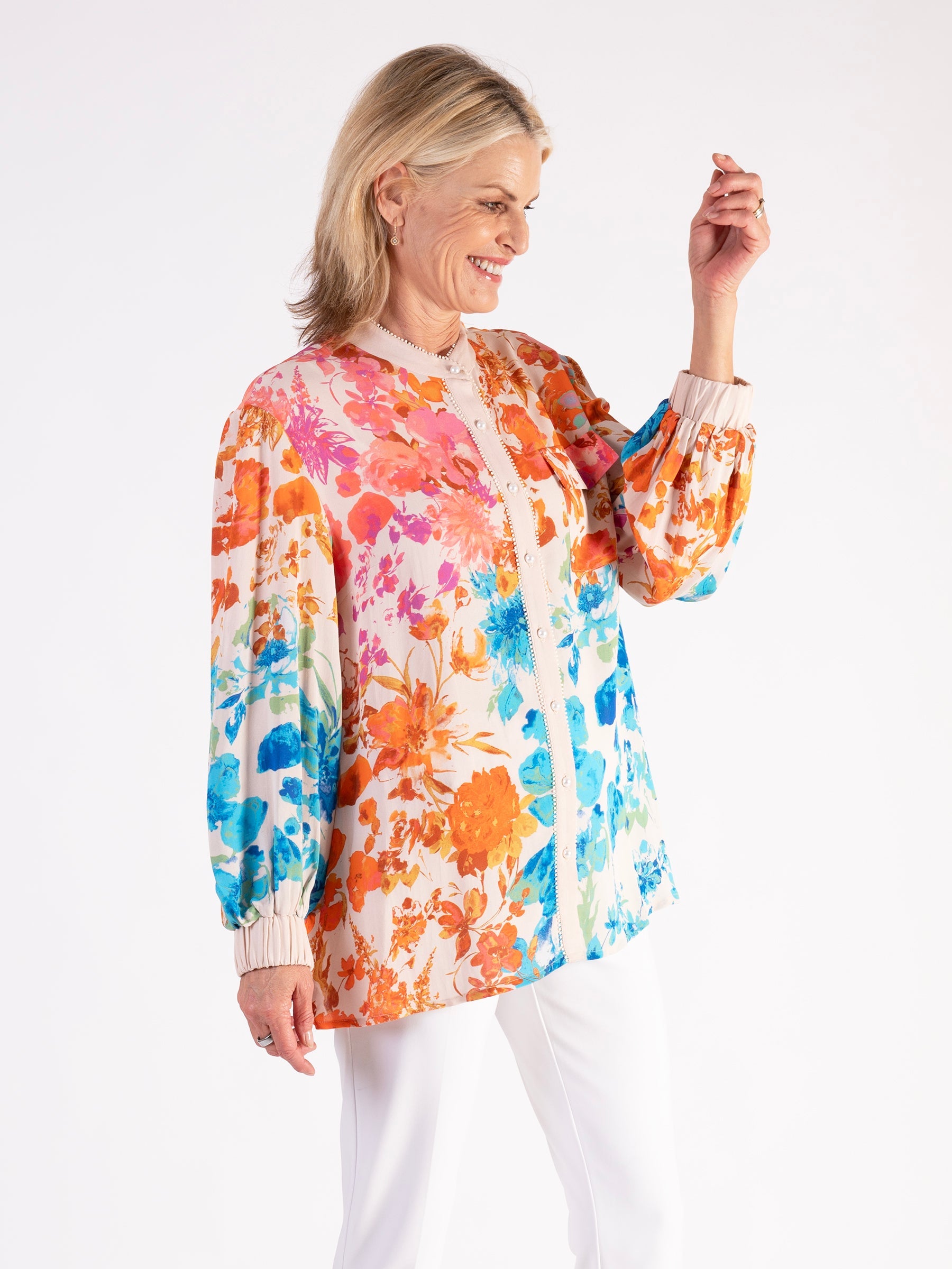 Pink & Orange Botanical Print Puff-Sleeved Blouse with Picot Lace Trim ...