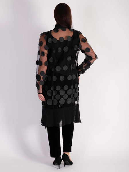 Black Mesh Coat with Laser Cut Circles and Chiffon Trim | Chesca Direct
