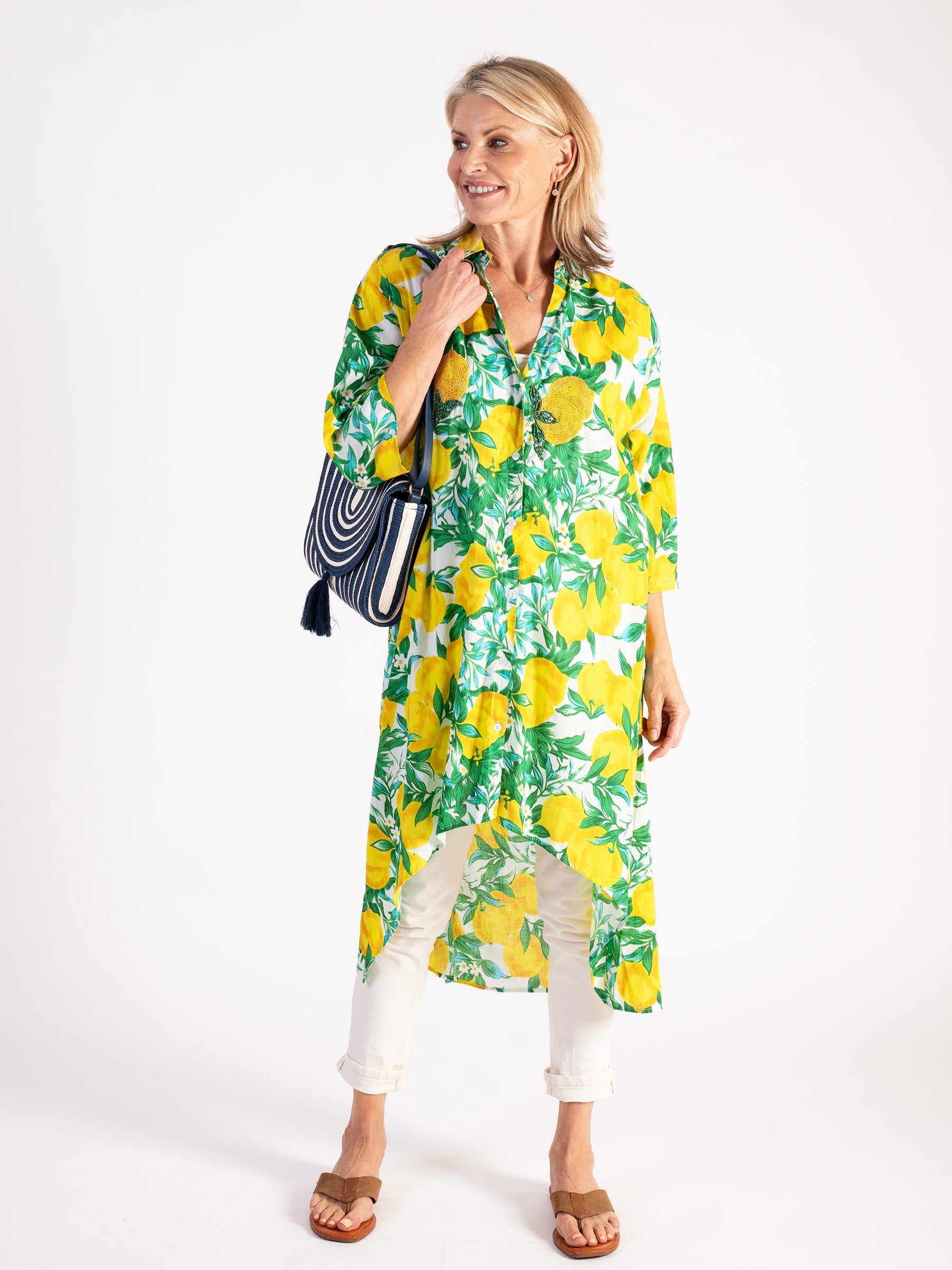 Amalfi Print Hand Beaded Longline Shirt Dress with Elliptical Hemline ...