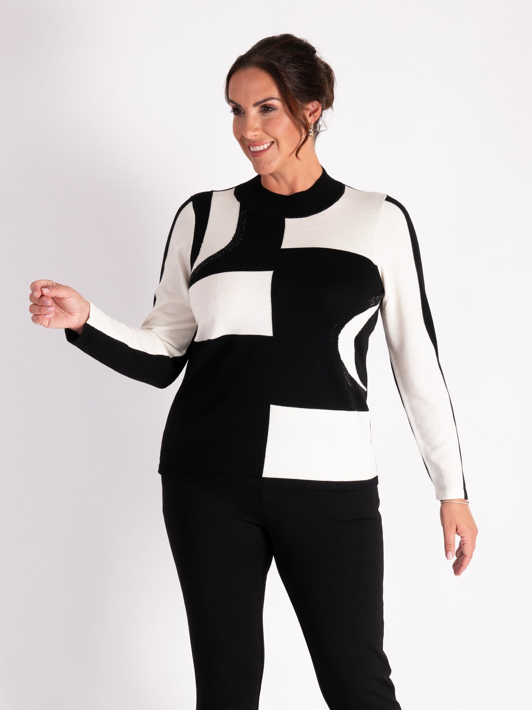 Black/White Abstract Shapes Jumper With Diamanté Detail | Chesca Direct
