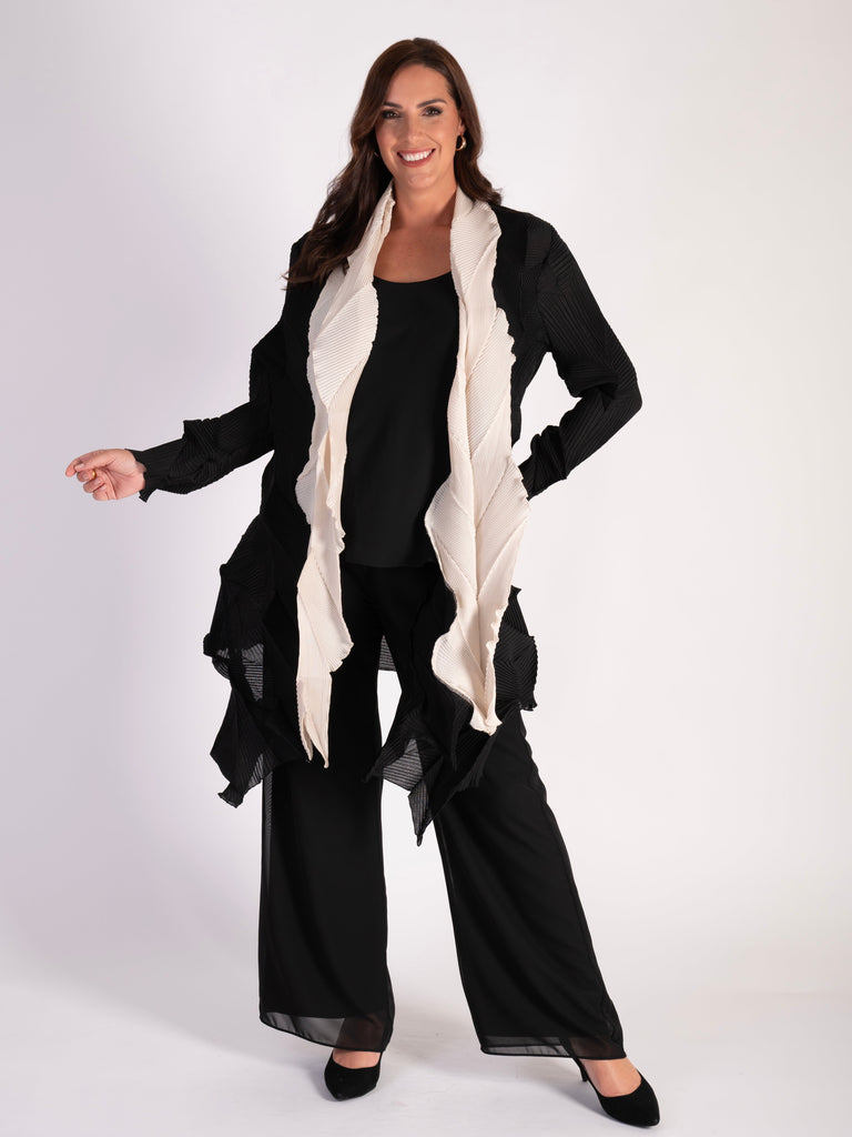 Black/Cream 3-D Pleated Long Shrug With Contrast Front | Chesca Direct