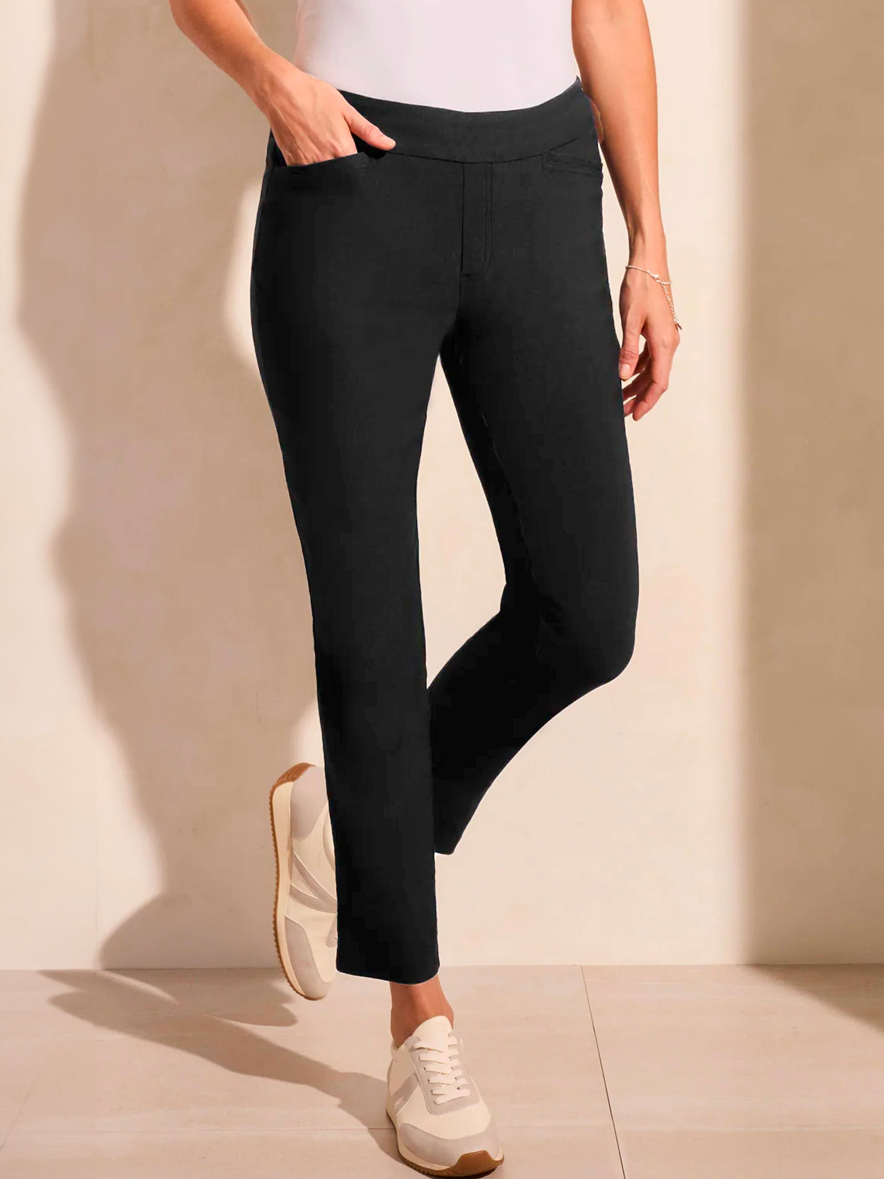Black Slim Leg Pull On Ankle Length Bengaline Trouser with Back Seam ...
