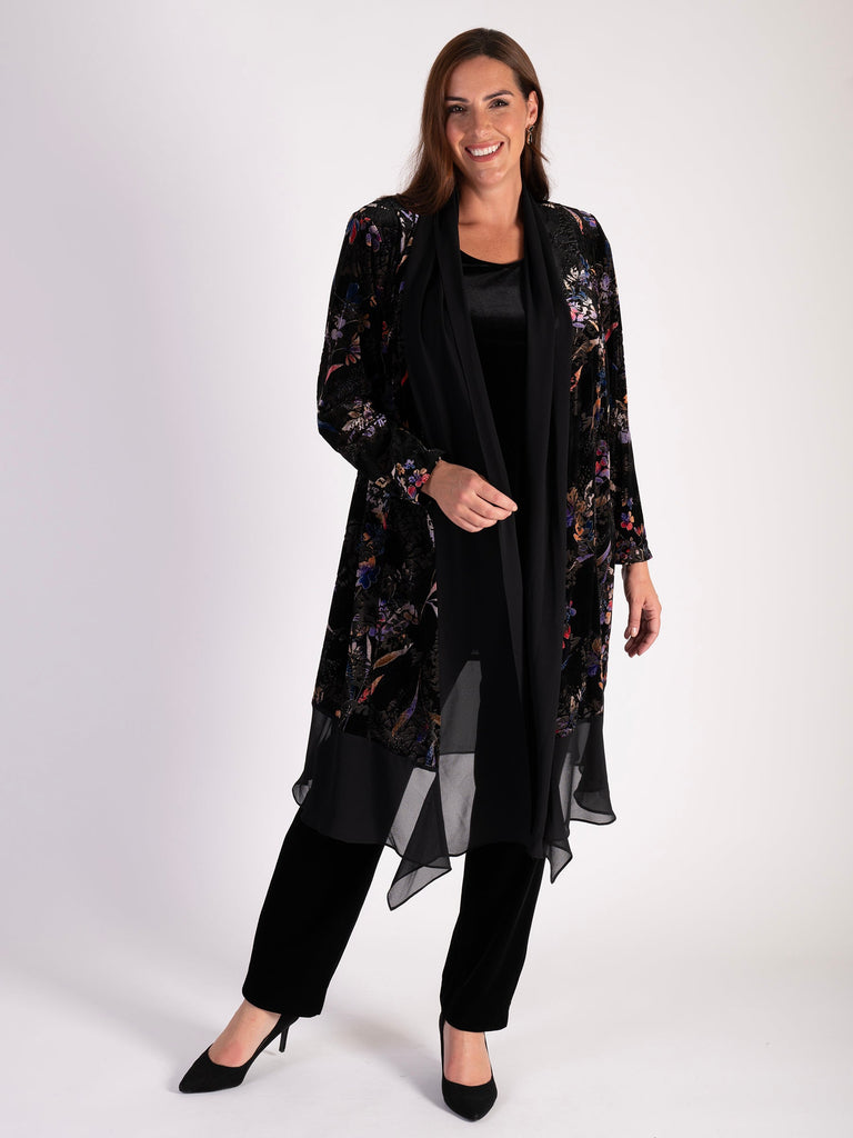 Black and Multi Floral Velvet Devoré Long Coat with Chiffon Trim ...