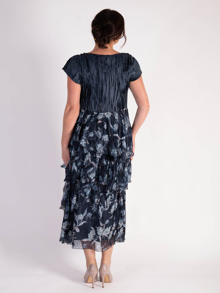 Navy Plain Satin And Floral Print Chiffon Dress | Chesca Direct