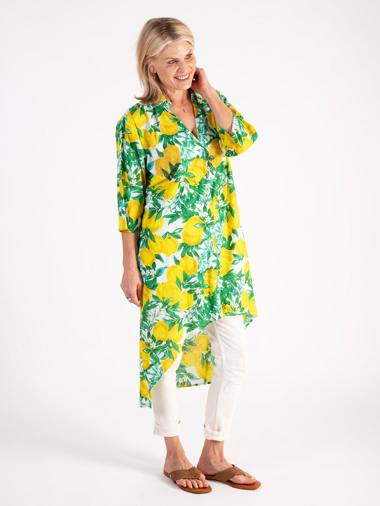 Amalfi Print Hand Beaded Longline Shirt Dress with Elliptical Hemline ...