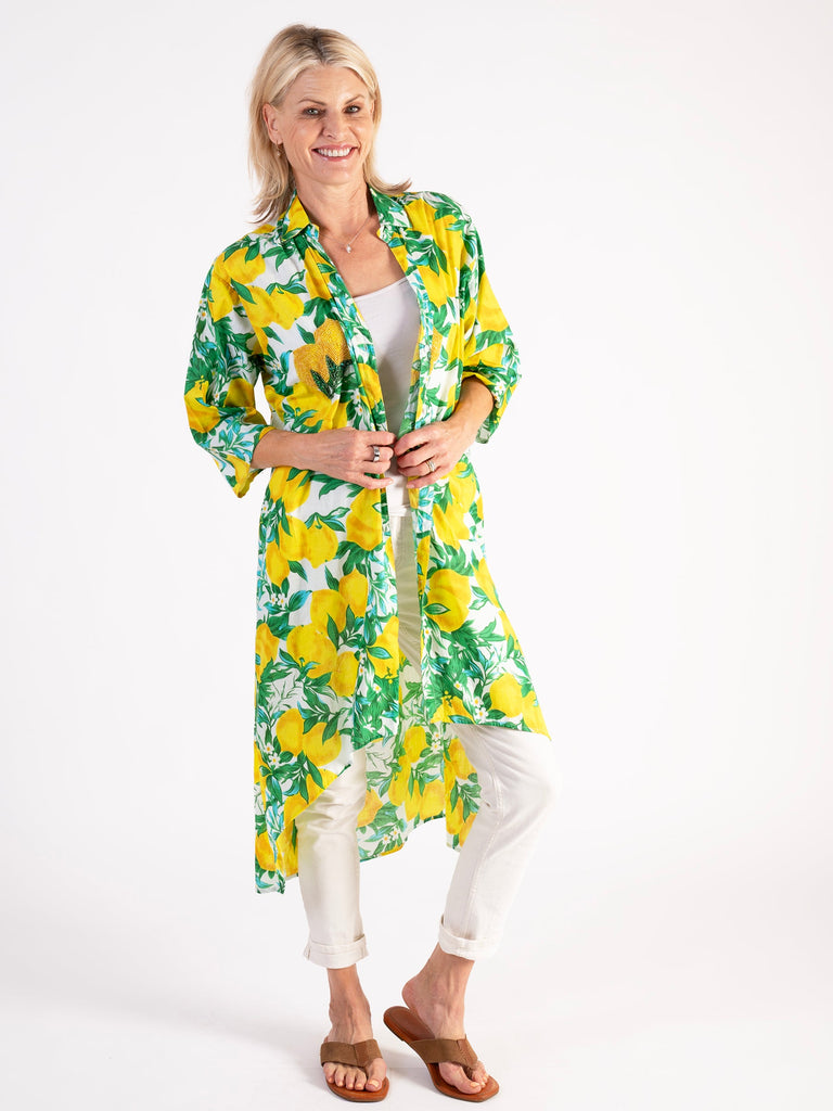 Amalfi Print Hand Beaded Longline Shirt Dress with Elliptical Hemline ...