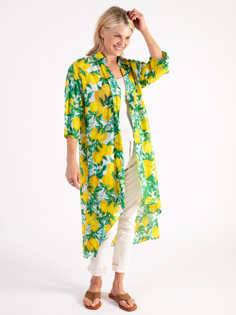Amalfi Print Hand Beaded Longline Shirt Dress with Elliptical Hemline ...