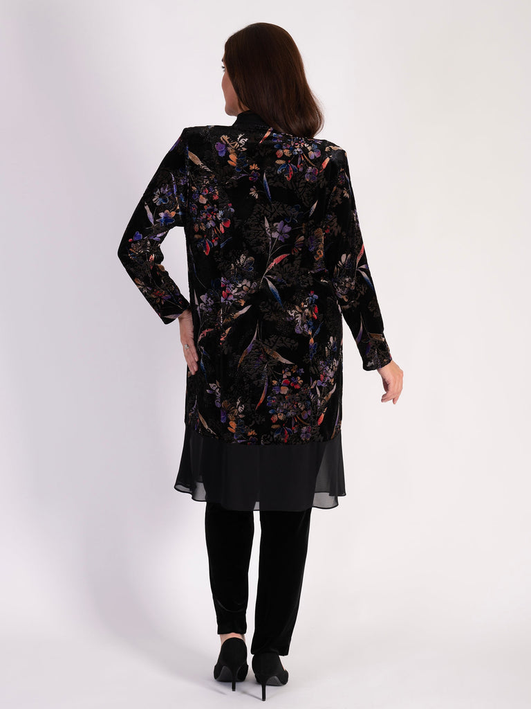 Black and Multi Floral Velvet Devoré Long Coat with Chiffon Trim ...