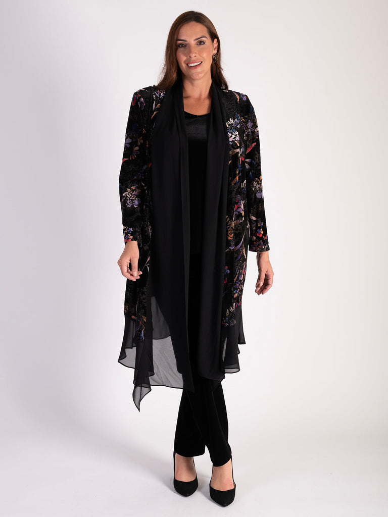 Black and Multi Floral Velvet Devoré Long Coat with Chiffon Trim ...