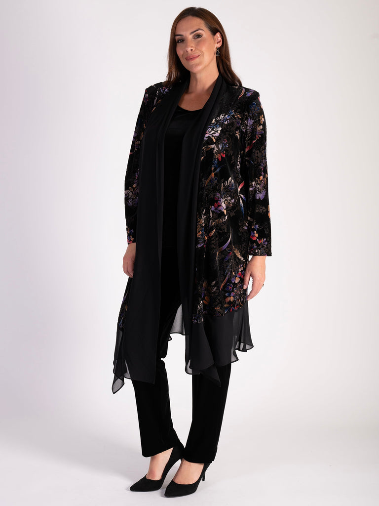 Black and Multi Floral Velvet Devoré Long Coat with Chiffon Trim ...