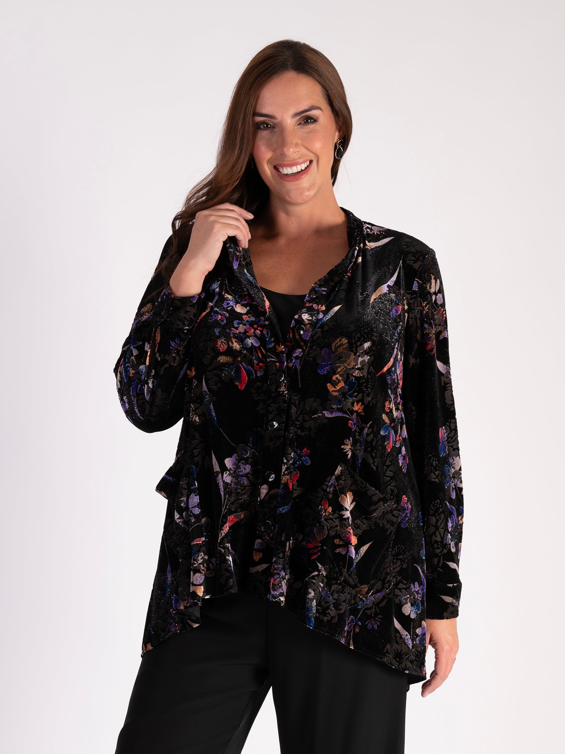 Black/Multi Floral Print Velvet Devoree Blouse | Chesca