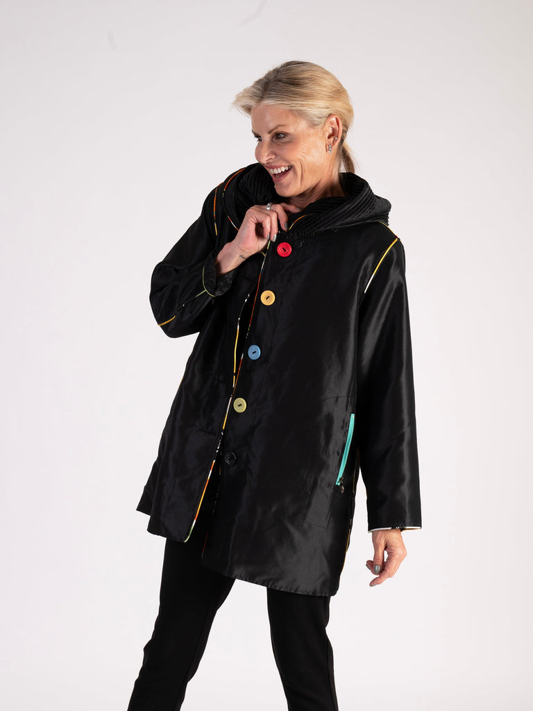 Black Reversible Raincoat with Multicoloured Piping and Buttons ...
