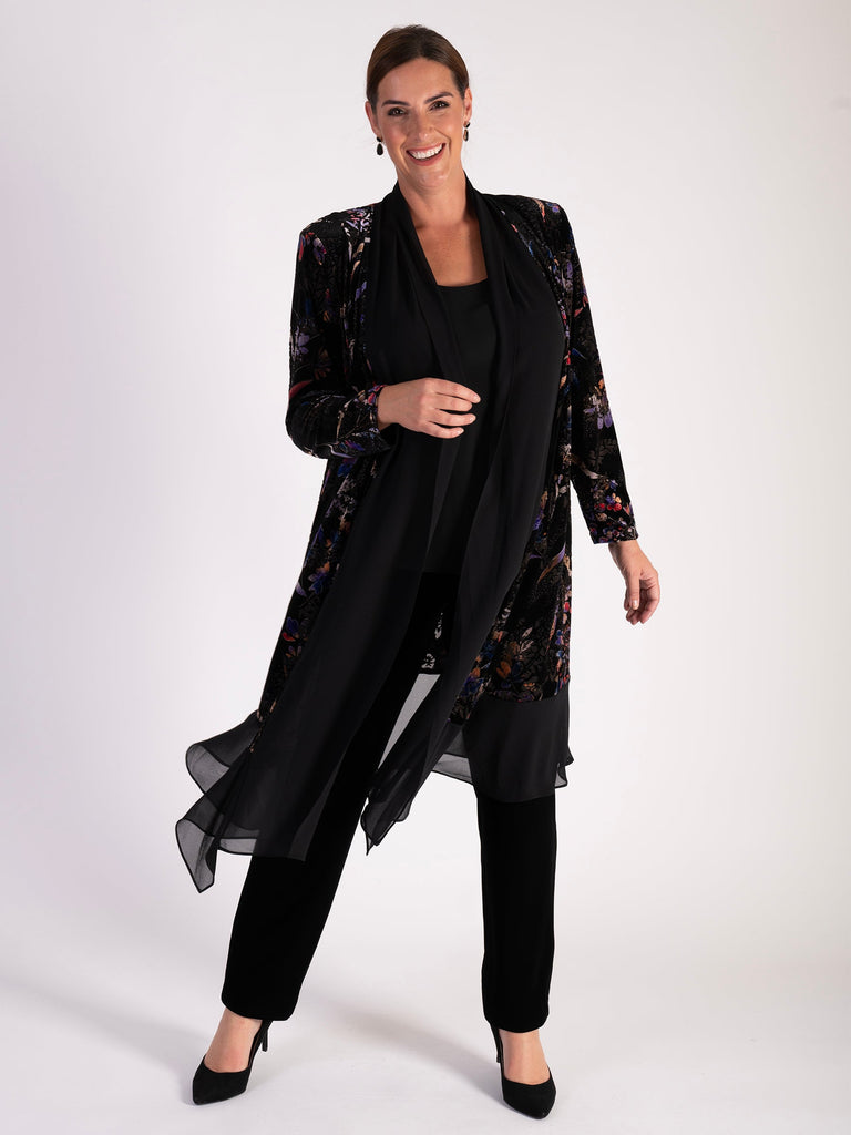 Black and Multi Floral Velvet Devoré Long Coat with Chiffon Trim ...