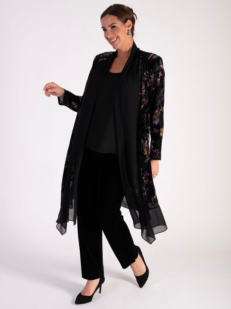 Black and Multi Floral Velvet Devoré Long Coat with Chiffon Trim ...