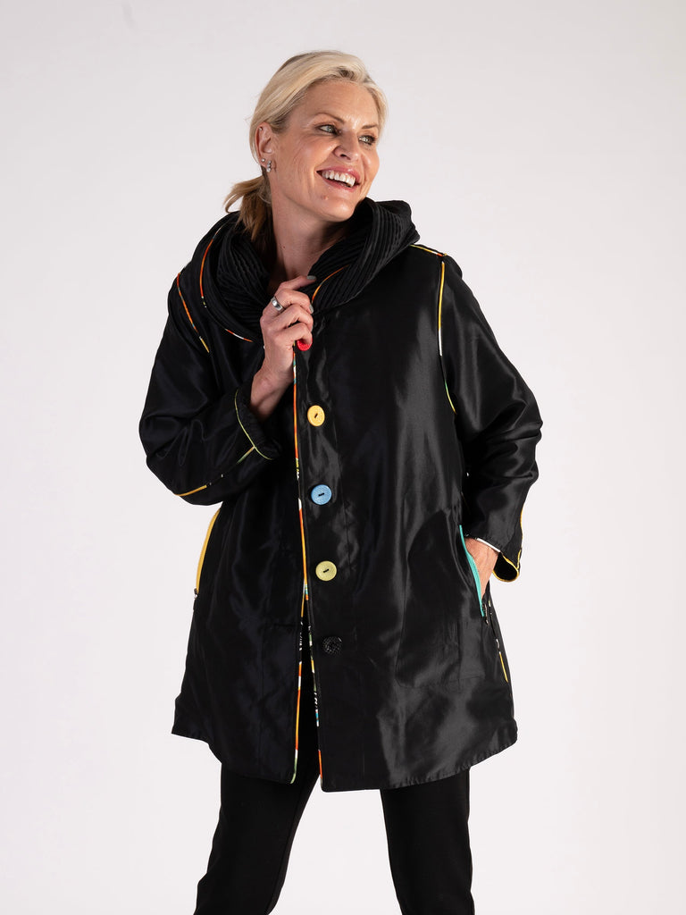 Black Reversible Raincoat with Multicoloured Piping and Buttons ...