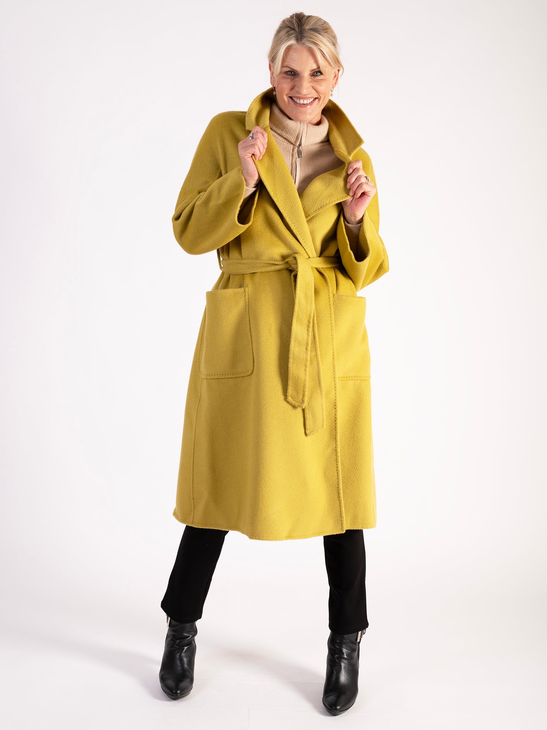 Luxury Mustard Cashmere Wool Mix Long Coat | Chesca Direct