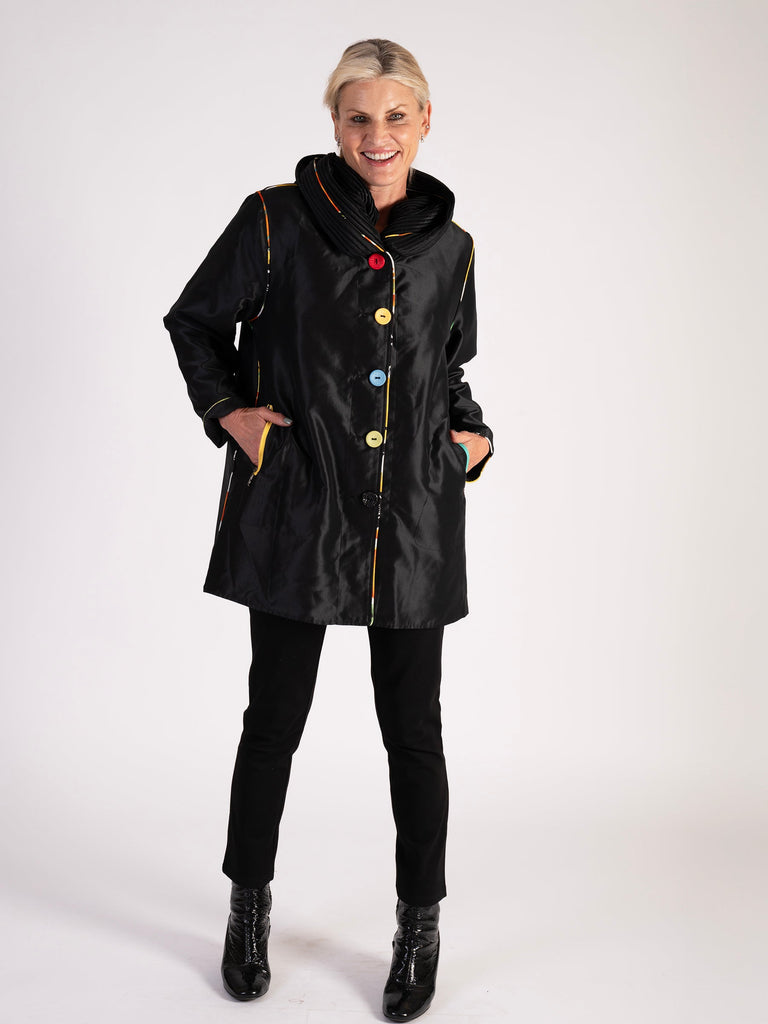 Black Reversible Raincoat with Multicoloured Piping and Buttons ...