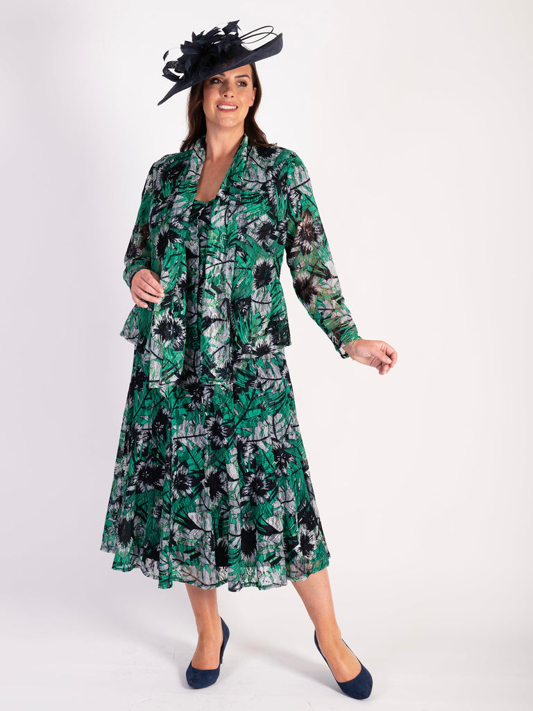 Green/Navy/Ivory Oasis Printed Mesh Pintuck Seamed Dress | Chesca Direct