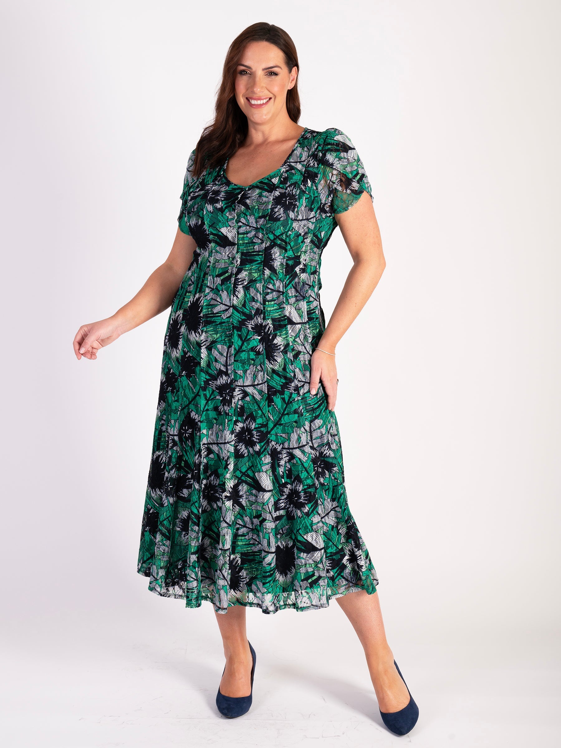 Green/Navy/Ivory Oasis Printed Mesh Pintuck Seamed Dress | Chesca Direct