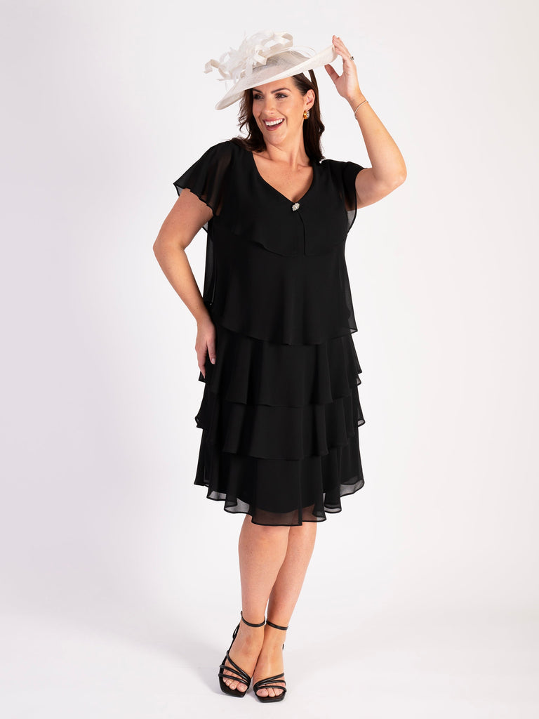 Black Chiffon Multi Tiered Dress With Diamante Detail | Chesca Direct