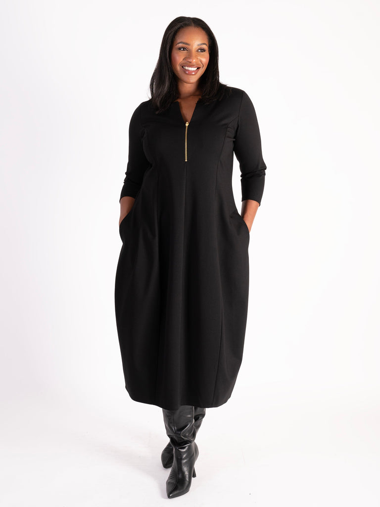 Black Notch Neck Zip Front Crepe Jersey Balloon Dress | Chesca Direct