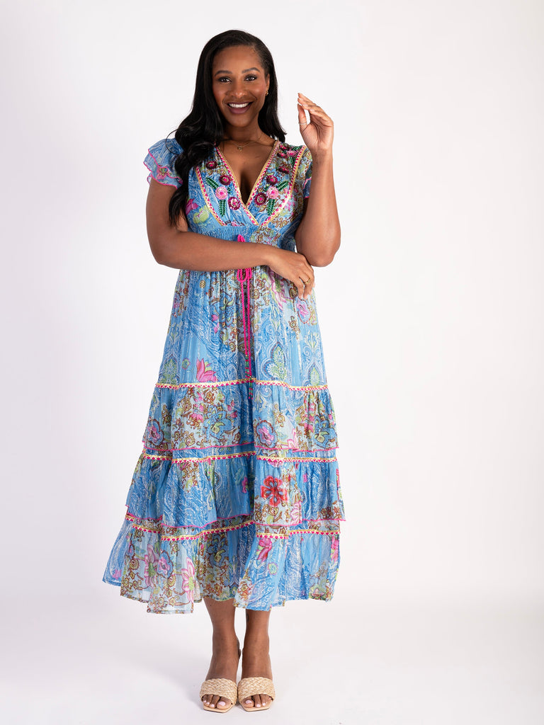 Capri Floral Print Tiered Chiffon Maxi Dress with Hand Beaded V ...