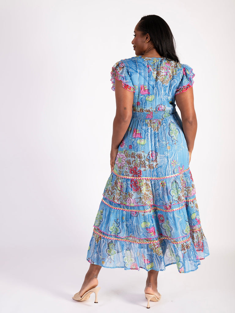 Capri Floral Print Tiered Chiffon Maxi Dress with Hand Beaded V ...