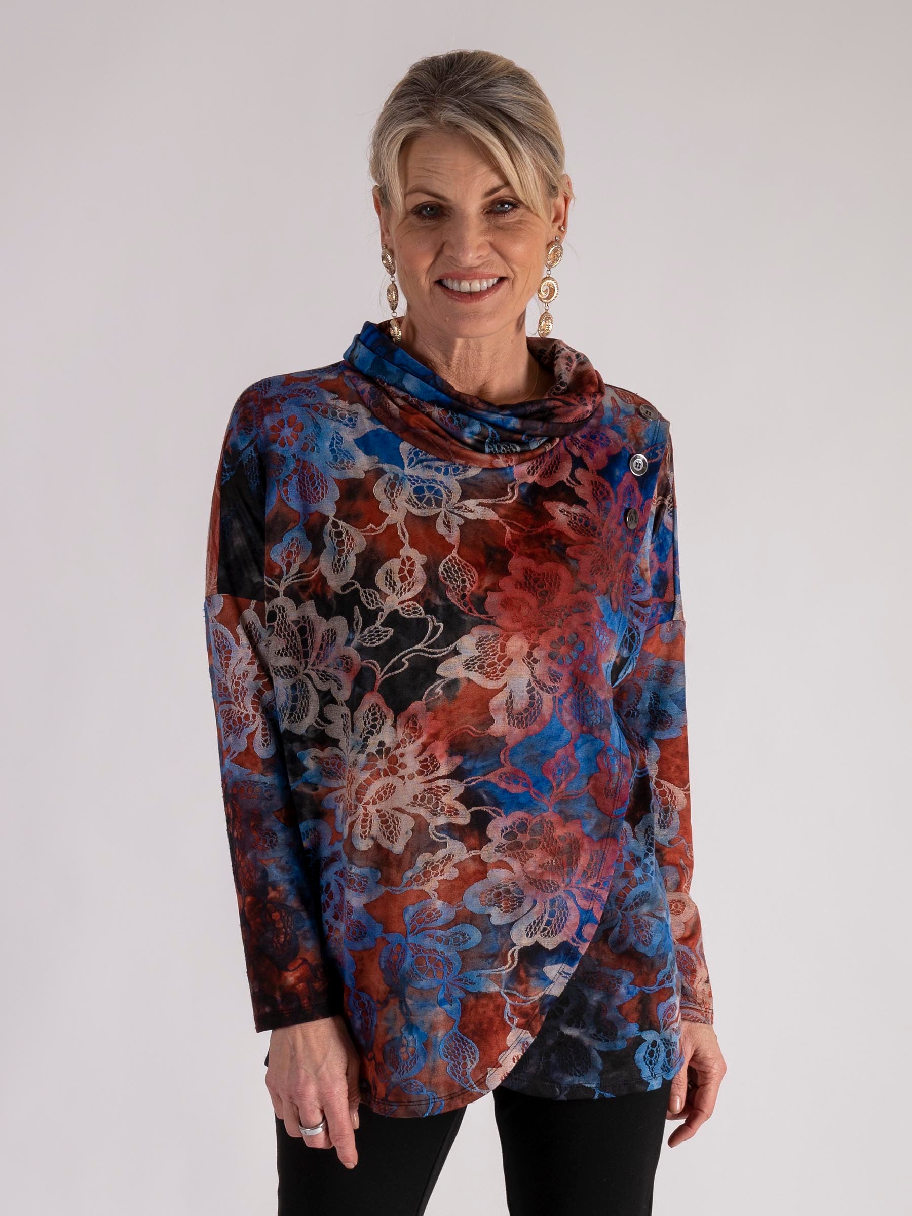 A Black/Cobalt/Copper Lace Batik Burnout Jersey Wrap Top | Chesca Direct