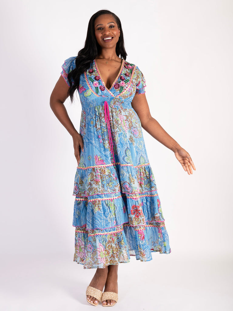 Capri Floral Print Tiered Chiffon Maxi Dress with Hand Beaded V ...