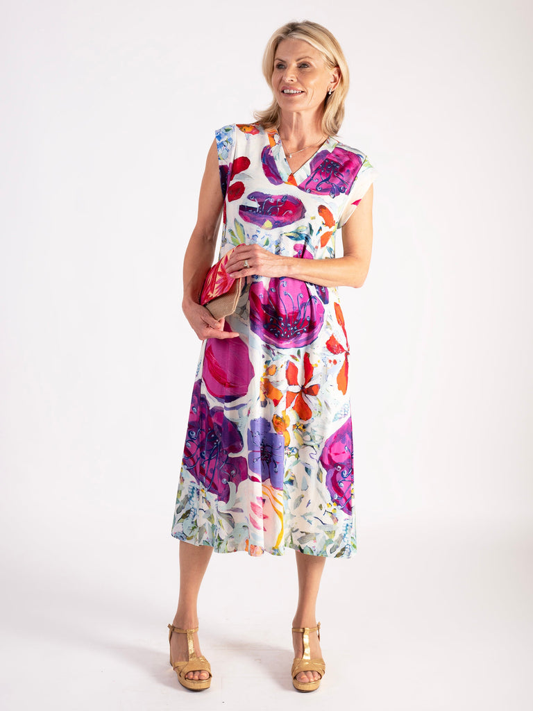 White/Pink Spring Flower Jersey Flowy Dress | Chesca Direct