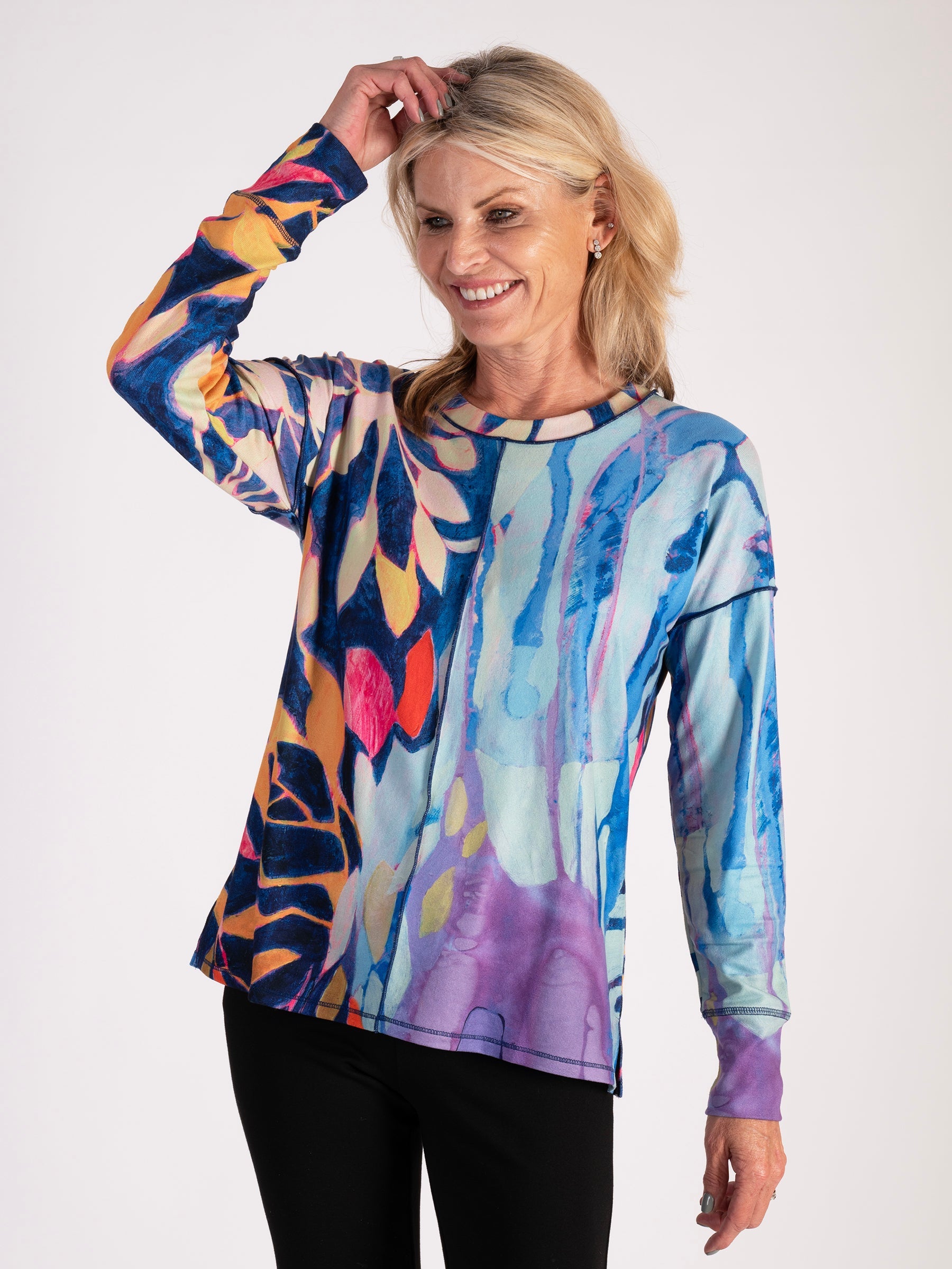 Blue/Multi Abstract Leaf Print Batwing Jersey Top | Chesca Direct