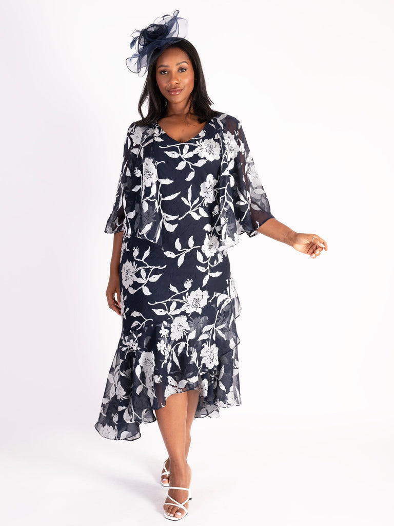 Navy/Silver Burnout Floral Leaf Dress and Jacket Set | Chesca Direct