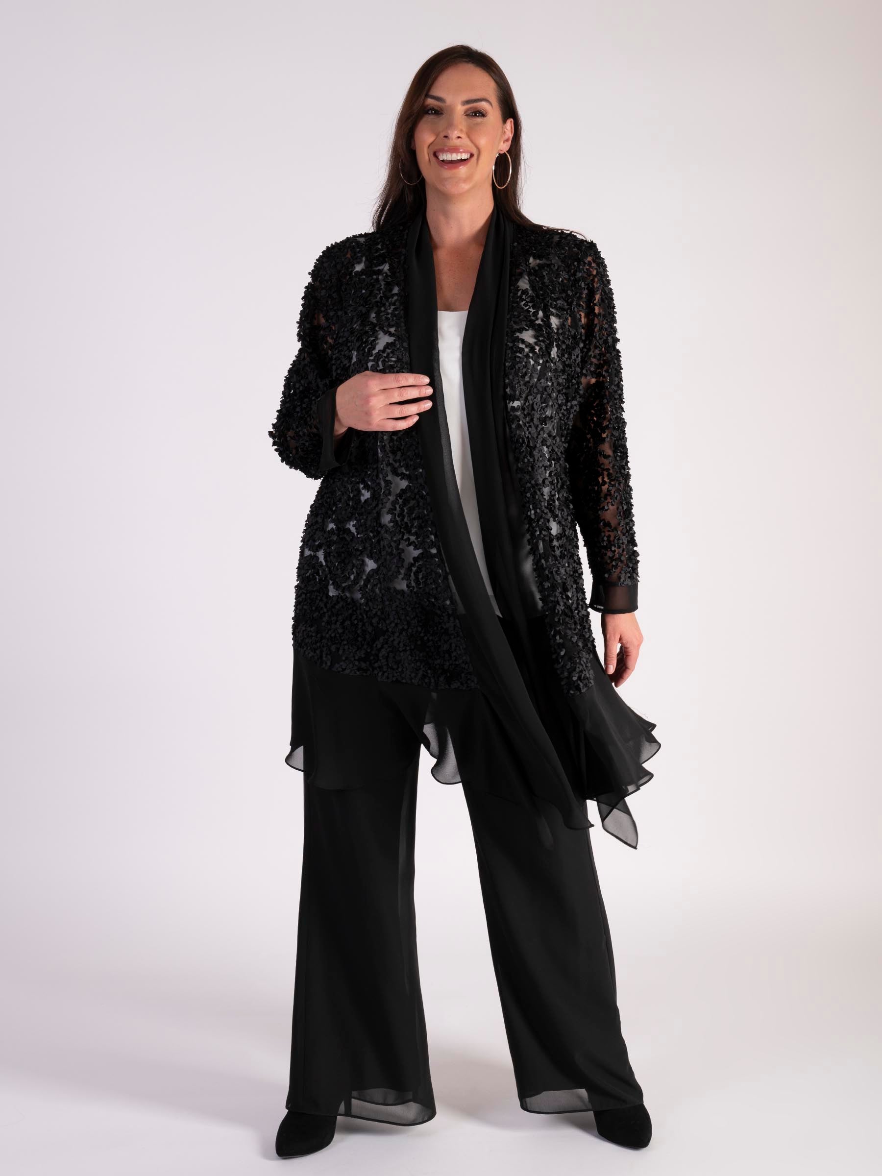 Sophisticated Black Confetti Applique Mesh Coat with Chiffon Trim ...