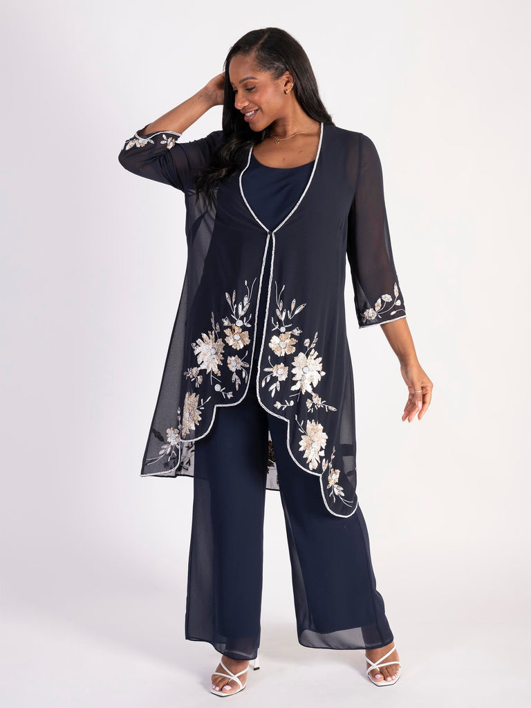 Navy Chiffon Coat with White/Gold Bead & Sequin Detailing | Chesca Direct