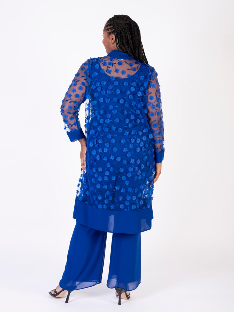 Cobalt 3-D Daisy Embroidered Mesh Coat with Chiffon Trim | Chesca Direct