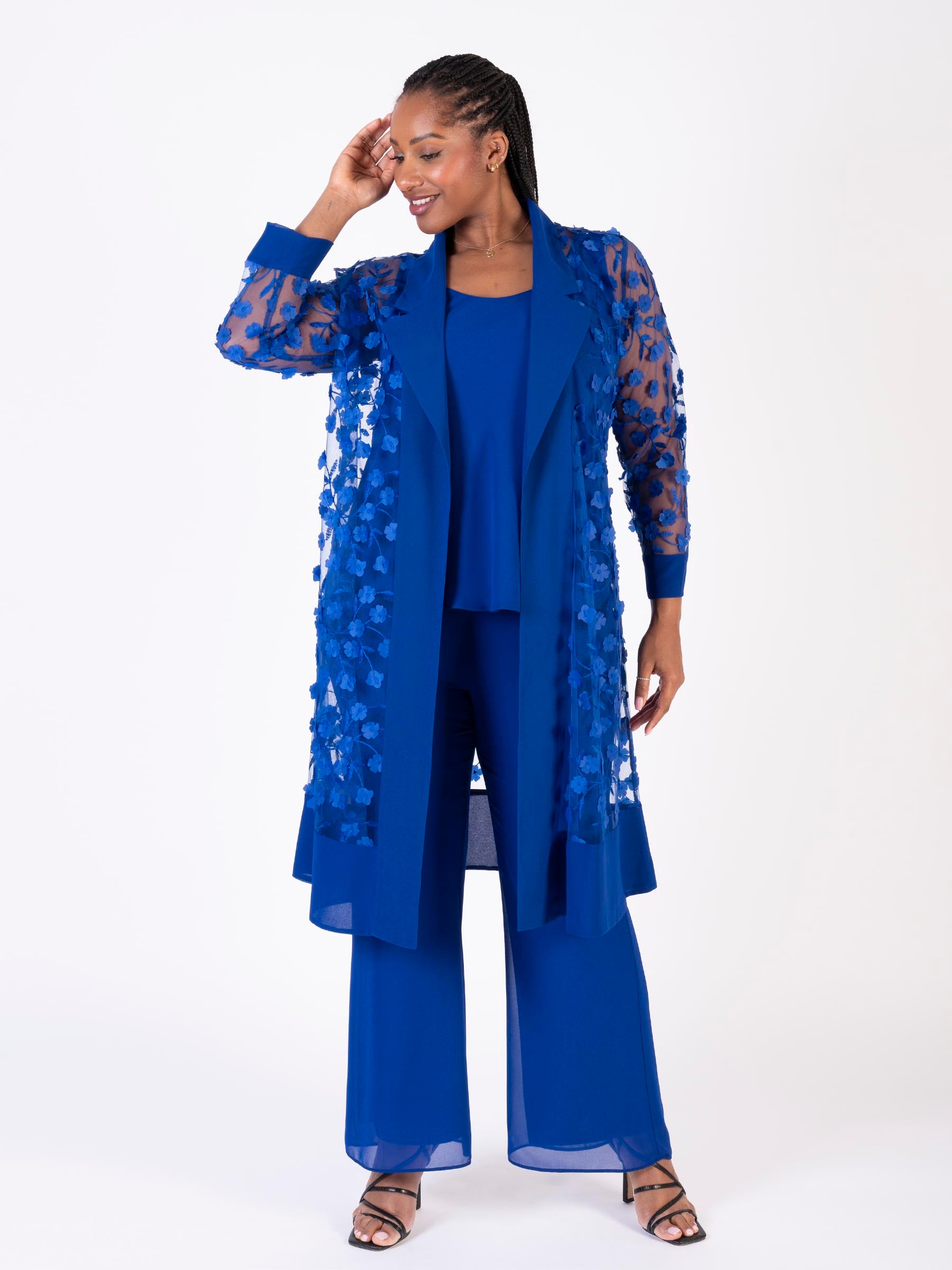 Cobalt 3-D Daisy Embroidered Mesh Coat with Chiffon Trim | Chesca Direct