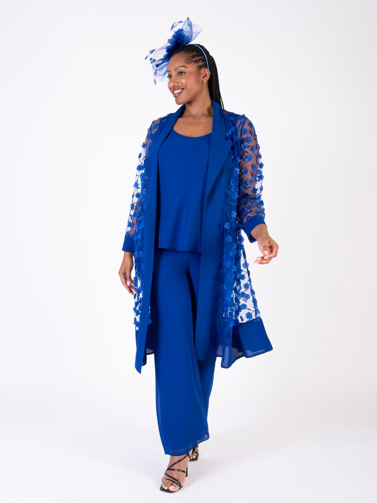 Cobalt 3-D Daisy Embroidered Mesh Coat with Chiffon Trim | Chesca Direct