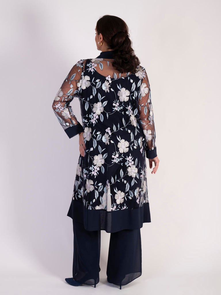 Navy/Multi Floral Embroidered Mesh Coat with Chiffon Trim | Chesca Direct