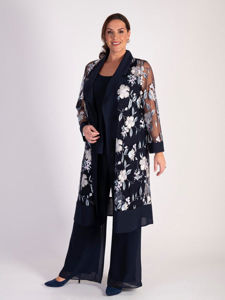 Navy/Multi Floral Embroidered Mesh Coat with Chiffon Trim | Chesca Direct