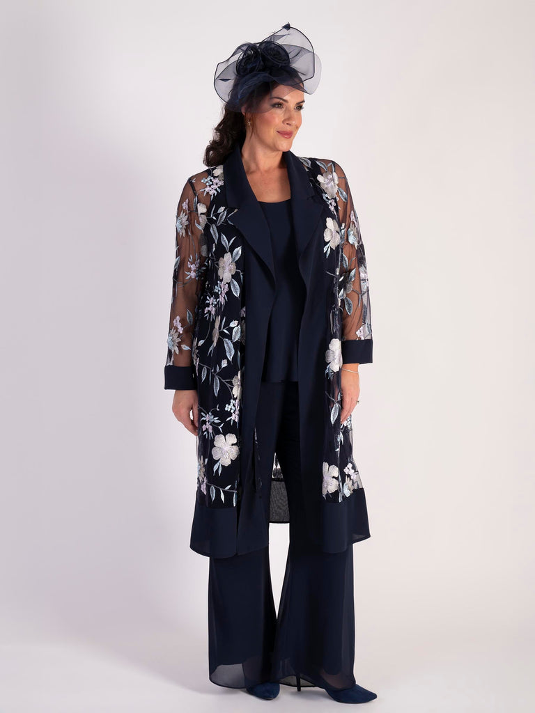 Navy/Multi Floral Embroidered Mesh Coat with Chiffon Trim | Chesca Direct
