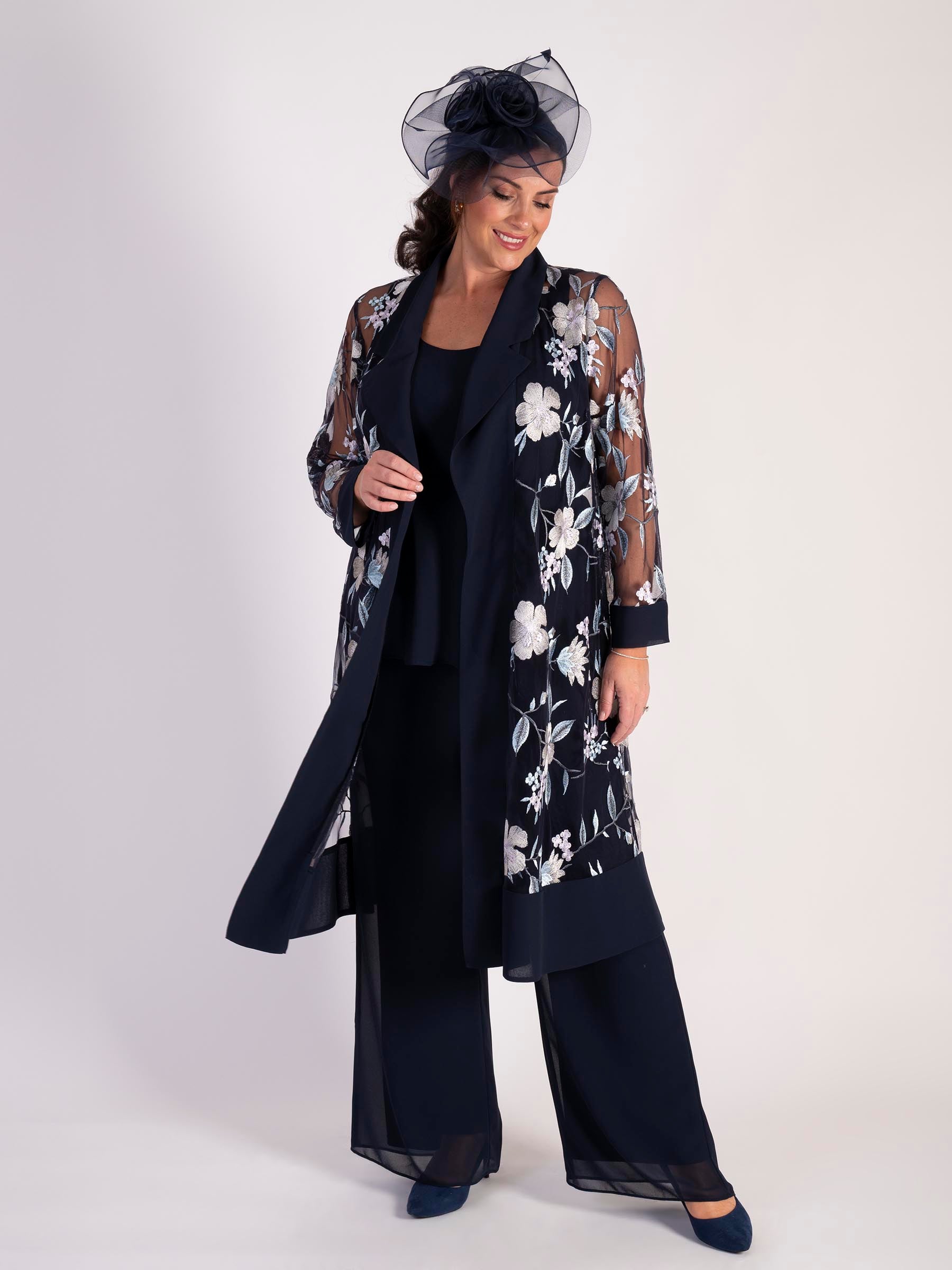 Navy/Multi Floral Embroidered Mesh Coat with Chiffon Trim | Chesca Direct