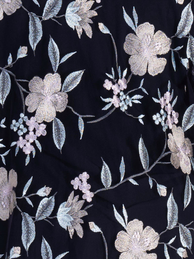 Navy/Multi Floral Embroidered Mesh Coat with Chiffon Trim | Chesca Direct