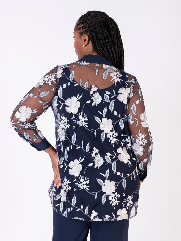 Navy/Multi Floral Embroidered Mesh Shirt with Chiffon Trim | Chesca Direct