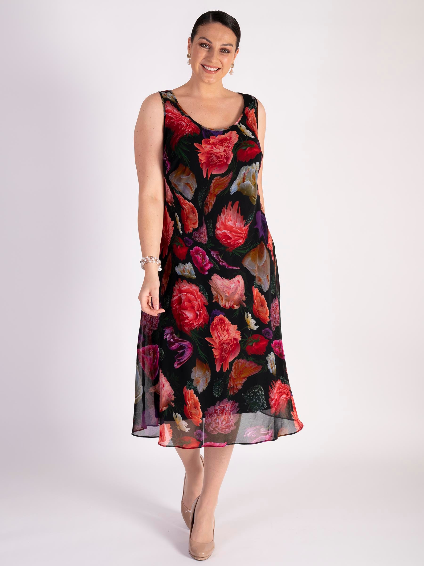 Black/Multi Rose Bouquet Print Bias Cut Chiffon Dress | Chesca Direct