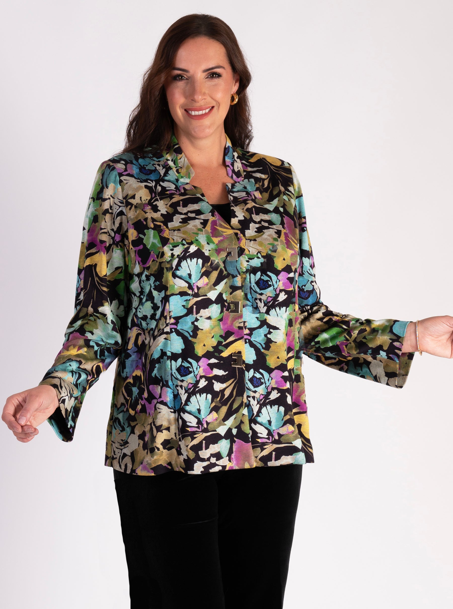 Glamorous Black/Multi Garden Flower Jacket with Gold Stud Fastenings ...